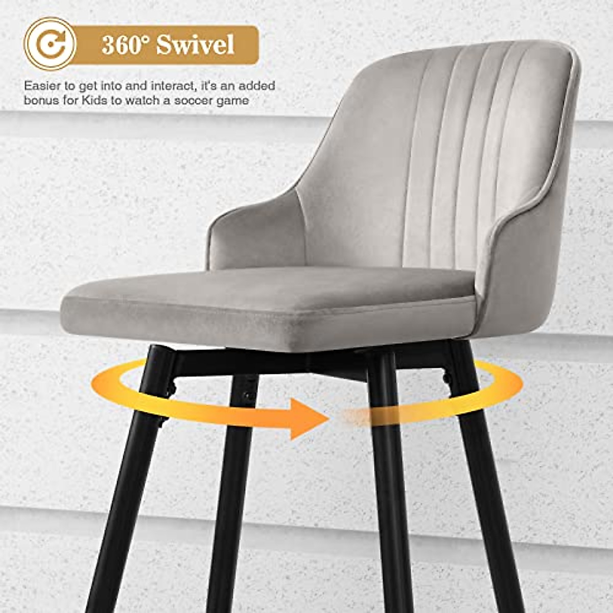 Swivel Barstool Set of 2: 25" Counter Height Bar Stools, Modern Bar Stools for Kitchen Island, Velvet Counter Stool with Back,Island Chairs for Kitchen Counter, 2 Counter Stools, Grey Bar Chair
