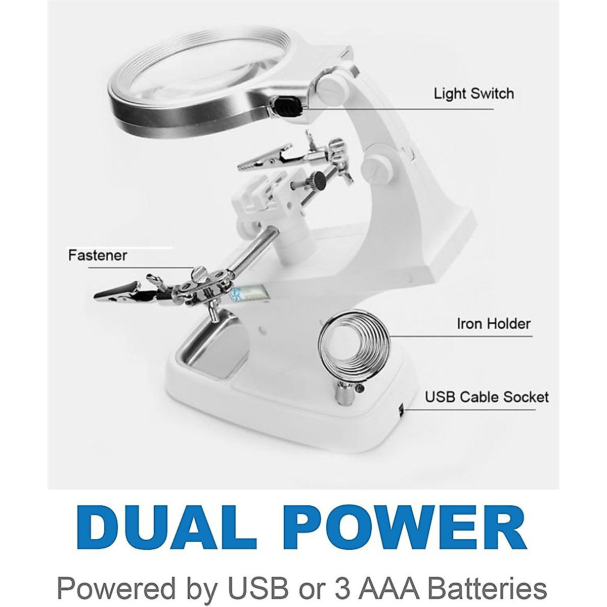 Glam Hobby LED Light Helping Hands Magnifier Station - 3X 4.5X USB Lighted Hands Free Magnifying Glass Stand with Clamp and Alligator Clips - for Soldering, Assembly, Repair, Modeling, Hobby, Crafts