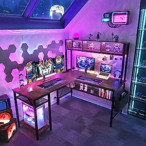 Aheaplus L Shaped Gaming Desk with LED Lights & Power Outlets, 55 Inch L-Shaped Computer Desk with Storage Shelf & Monitor Stand, Corner Desks 2 Person Reversible Desk Home Office Desk, Rustic Brown
