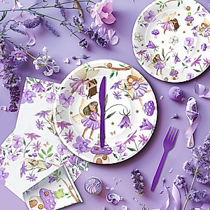 Xenorik Fairy Party Decorations Tableware - Purple Fairy Birthday Party Supplies, Paper Plate, Cup, Napkin, Cutlery, Flower Fairies Princess Enchanted Forest Garden Baby Shower Decorations | Serve 24