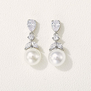SWEETV Cubic Zirconia Pearl Drop Wedding Earrings for Brides, Ivory Camellia Bridal Pearl Earrings for Bridesmaid Jewelry Gift