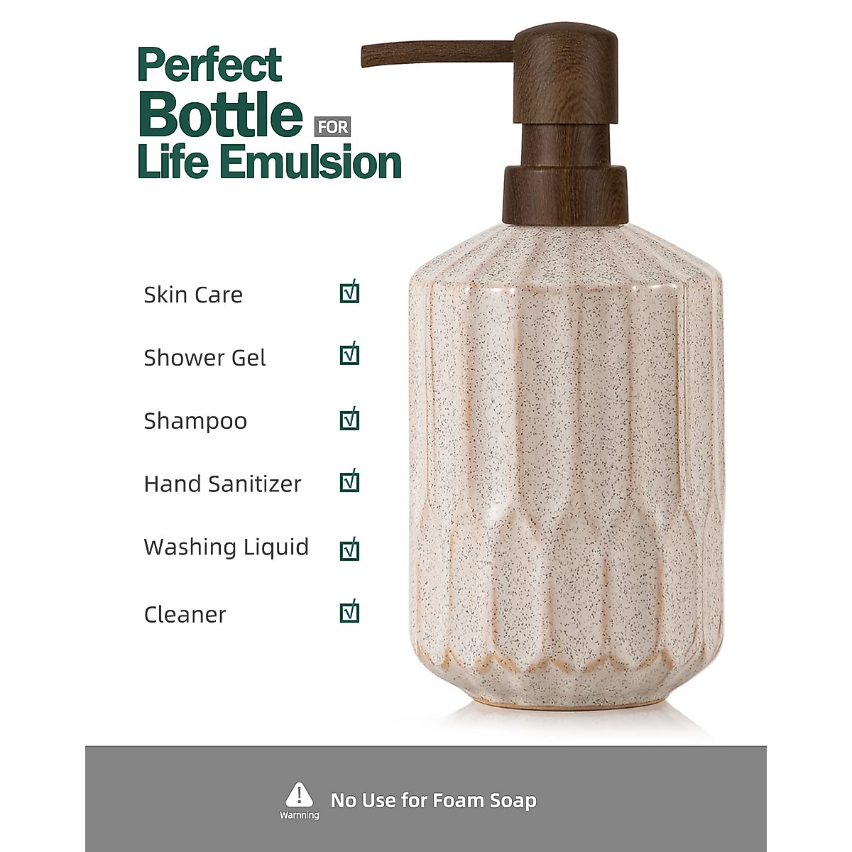 Fun Elements Bathroom Soap Dispenser, 16 Oz Luxurious Hand soap Dispenser for Bathroom, Ceramic Liquid Soap Dispenser for Bathroom Countertop with Plastic Pump, Silicone Funnel (Wooden Color Pump)