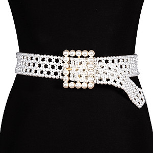 Barry.Wang Wide Belt for Women Fashion Wedding Sash Dress Pearls Belt Square Buckle Elastic Waist Chain