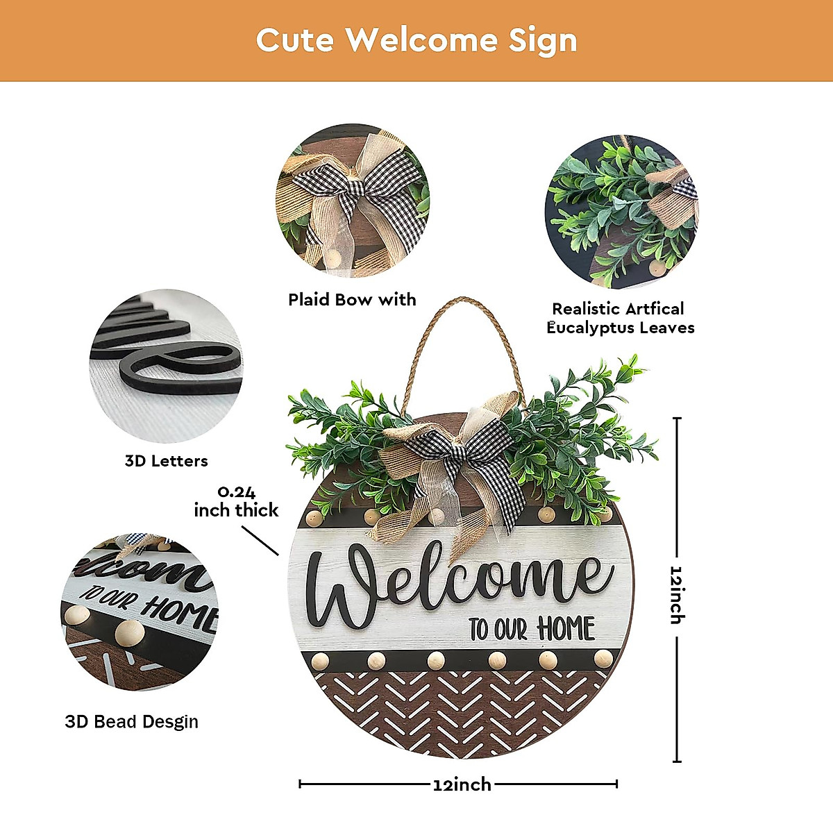 Surfapans Welcome to our Home Sign for Front Door Wall Hanging Round Wood Wreaths Outdoor Signs for Farmhouse Front Porch Decor (Wood)