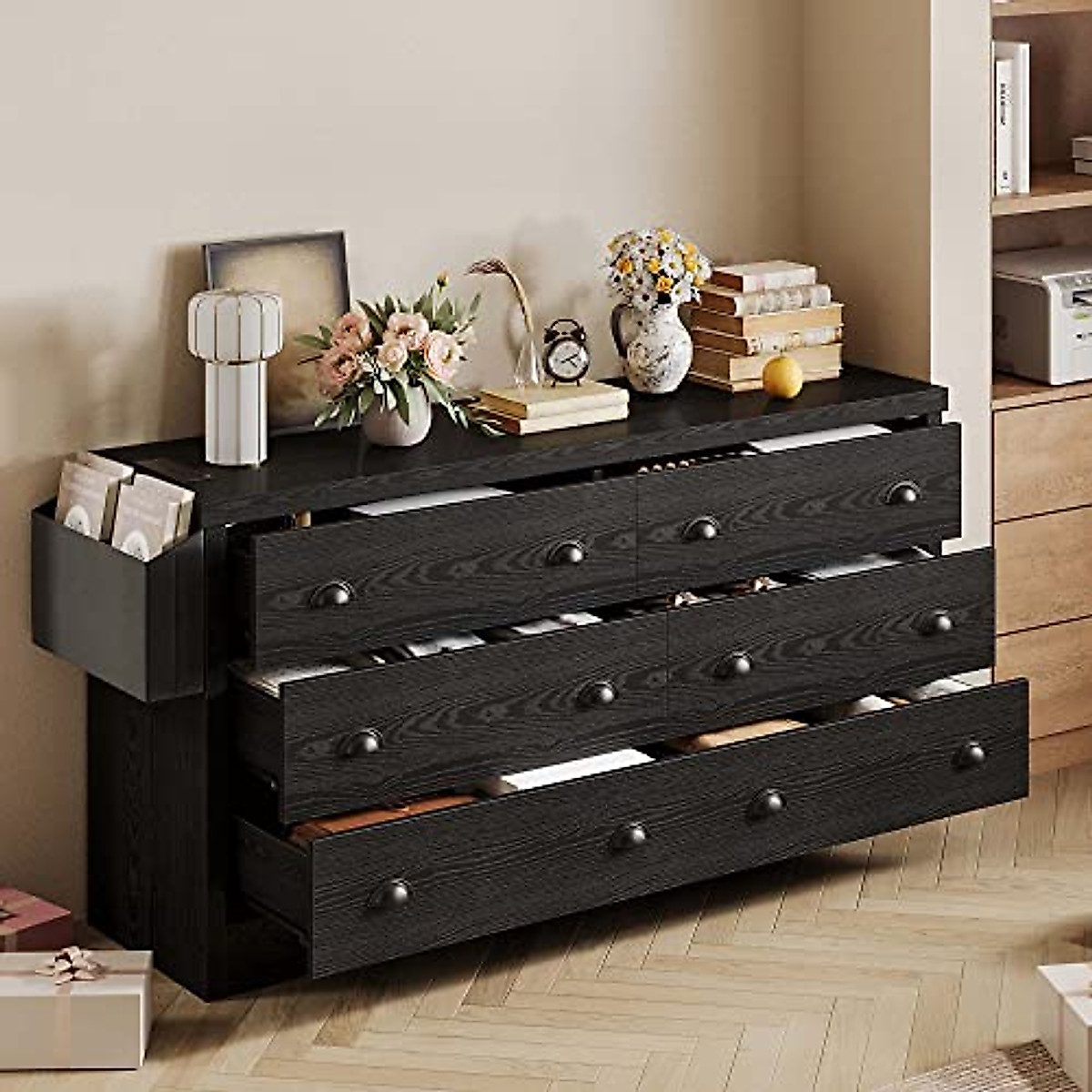 LIKIMIO Dresser for Bedroom 6 Drawer with Charging Station, TV Stand Storage Chest of Drawers for Living Room Hallway Entryway, MDF Board, Black