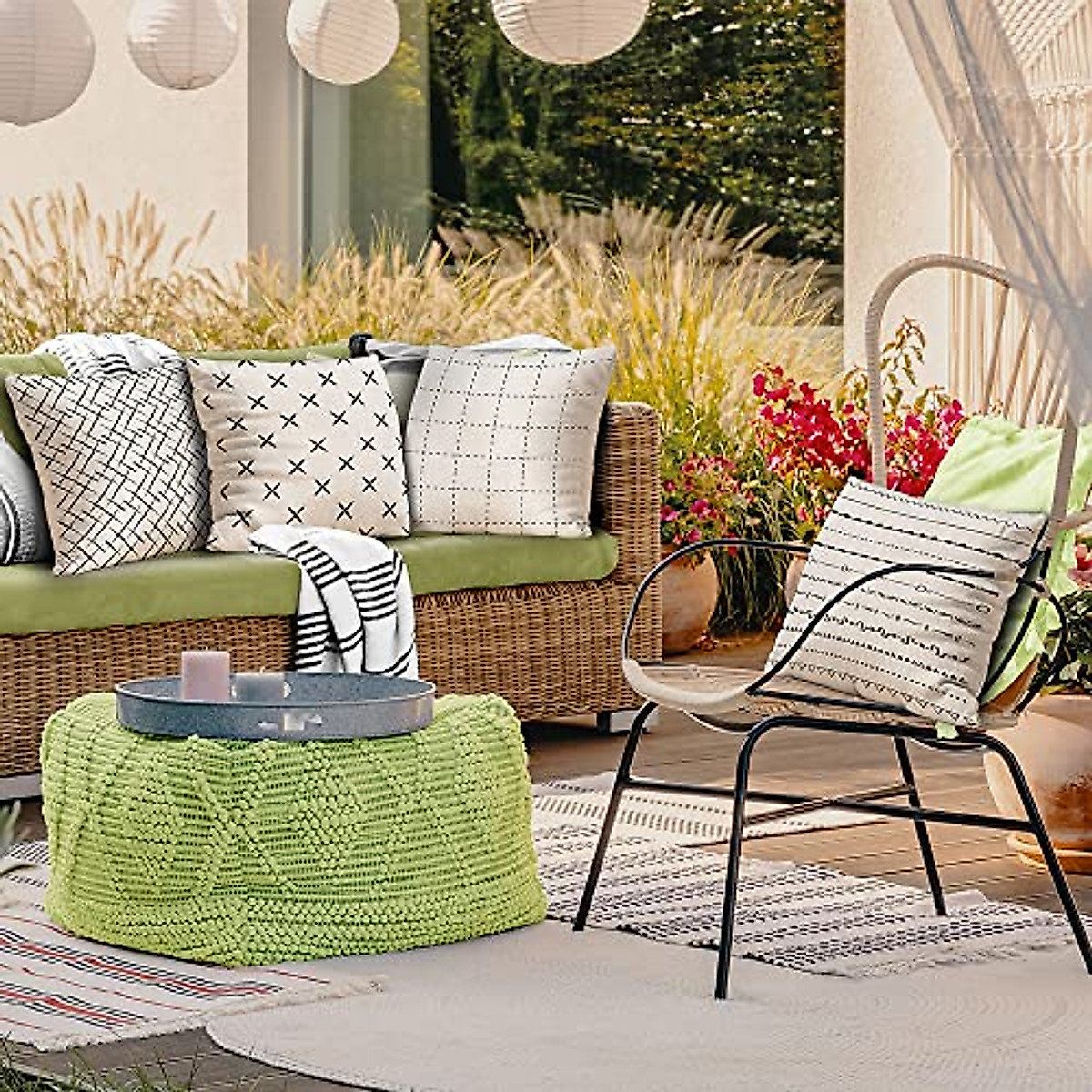 Outdoor Throw Pillow Covers 18x18 Waterproof Farmhouse Boho Spring Summer White Beige Black Patio Decorative Linen Square Modern Floral Line Geometry Stripe Courtyard Garden Sofa Chair Couch set of 4