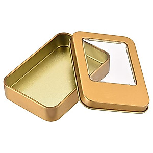 uxcell Metal Tin Box, 3.43" x 2.36" x 0.71" Rectangular Empty Tinplate Storage Containers with Clear Window Lids, Gold Tone