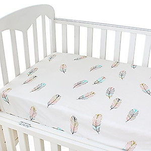 LifeTree Soft Fitted Crib Sheet - Feather Print Premium Cotton Unisex Toddler Bed Sheets for Baby Girls or Baby Boys - Fits Standard Crib Mattress