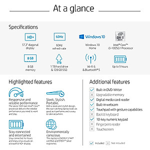 2020 New HP 17-by3063st 17.3 HD Display Notebook, Intel i3-1005G1, 8GB Memory, 128GB SSD 1TB Hard Drive, Windows 10, Silver (Renewed)
