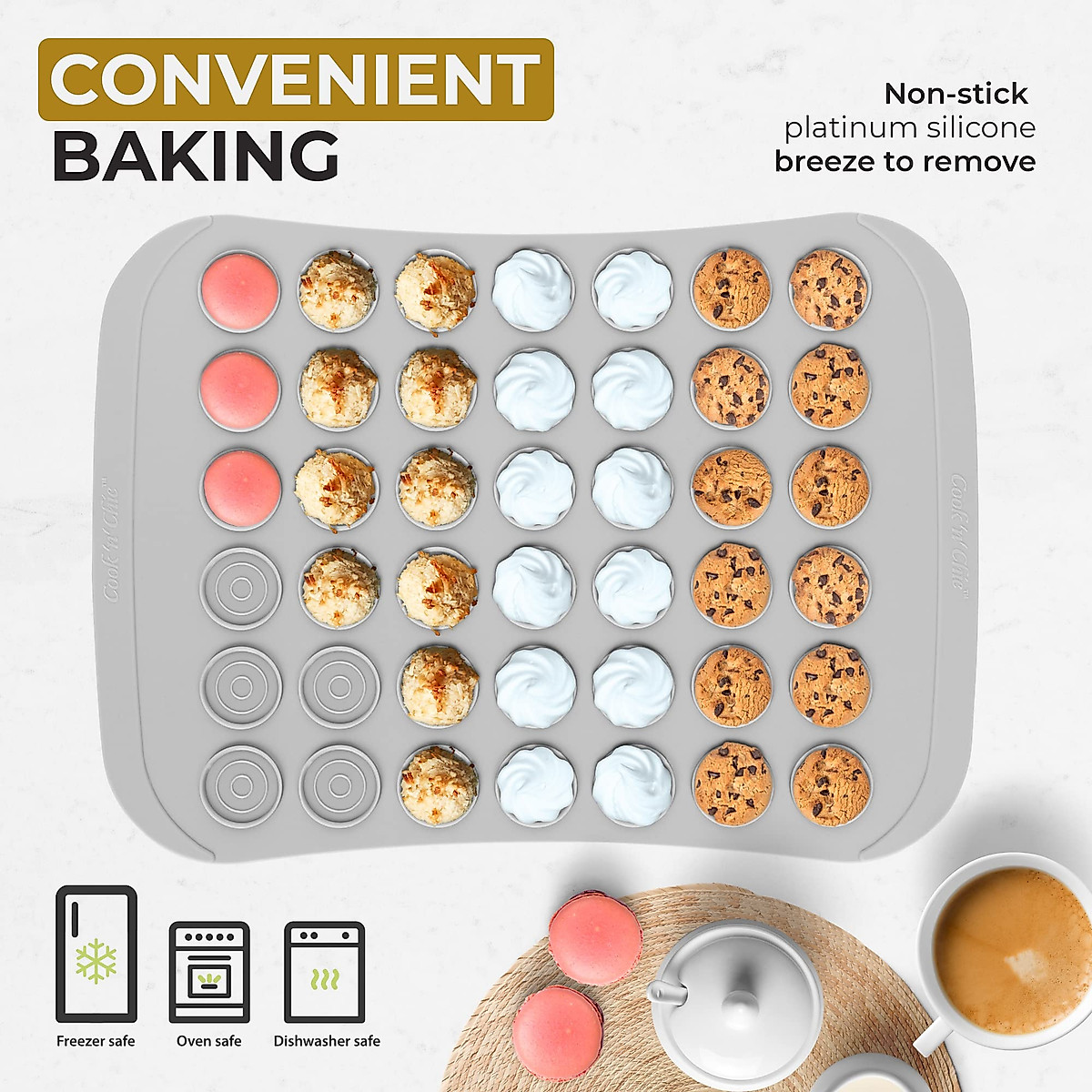 Professional Silicone Macaron Baking Mat - Thick Non-Stick Surface - Oven Microwave Dishwasher Freezer Safe - Reusable Sheet for Macarons, Meringues, Pastries - 42 Round Cookies by Cook’n’Chic