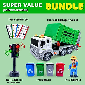 PlenPLAY Garbage Truck Toys 11 in 1 Playset - Realistic Trash Truck with 4 Trash Cans, Lifter Dumping Function, 1 Traffic Light, 4 Set Trash Cards, 1 People Figures - Toys for Boys 3+ Years Old