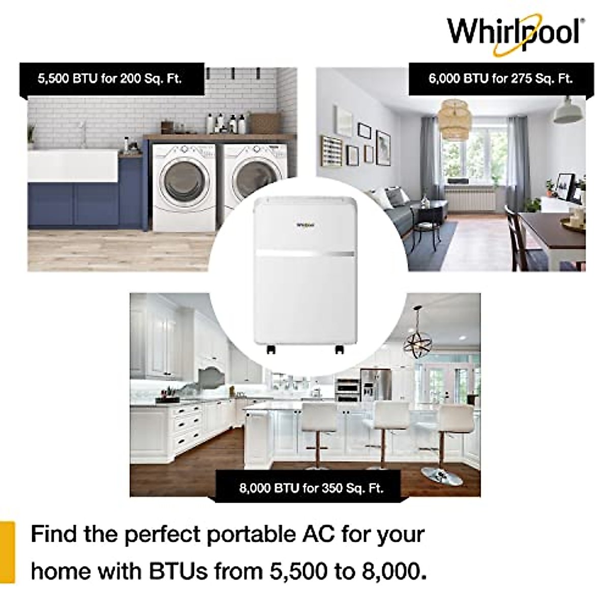 Whirlpool 8000 BTU Portable Air Conditioner For Rooms up to 350 Sq.Ft. with Remote, Digital Display, 24H Timer, and Auto Restart