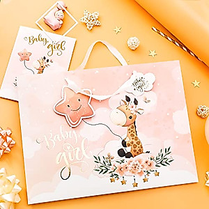 WRAPAHOLIC 16" Extra Large Baby Girl Gift Bag with Card and Tissue Paper - For Baby Shower, New Baby