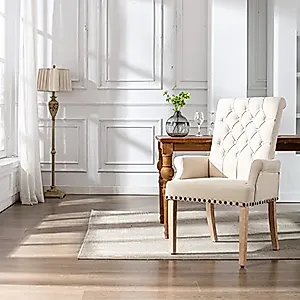 FUNESI Linen Wingback Dining Chair,Thick Tufted Upholstered Design with Armrests and Light Color Solid Wood Legs for Kitchen (Beige)