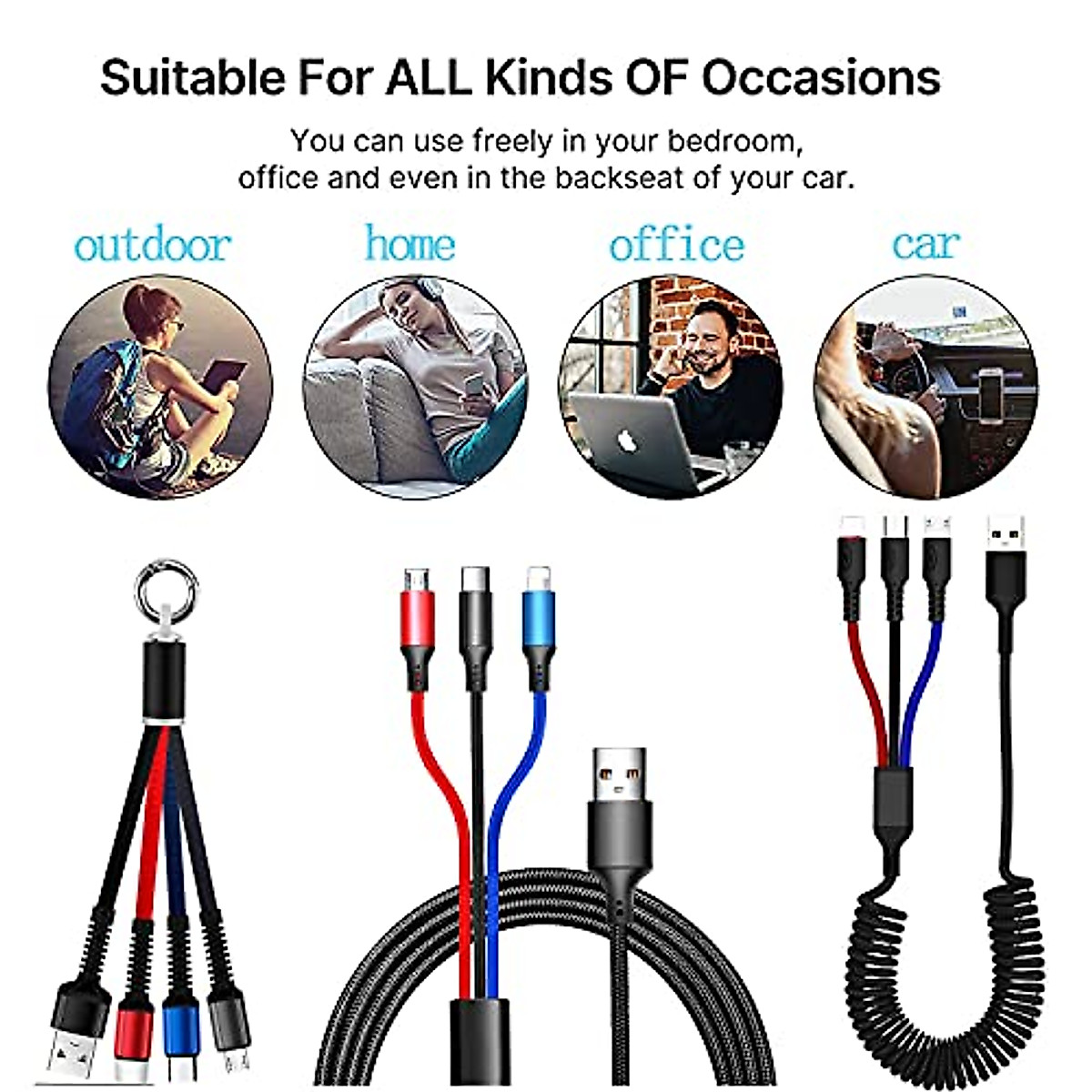 Laugwey Multifunction USB Charging Cable Set,3 Pack 3 in 1 Nylon Braided Charging Cord,Multiple USB Fast Charger Cords for Home,Office,Car