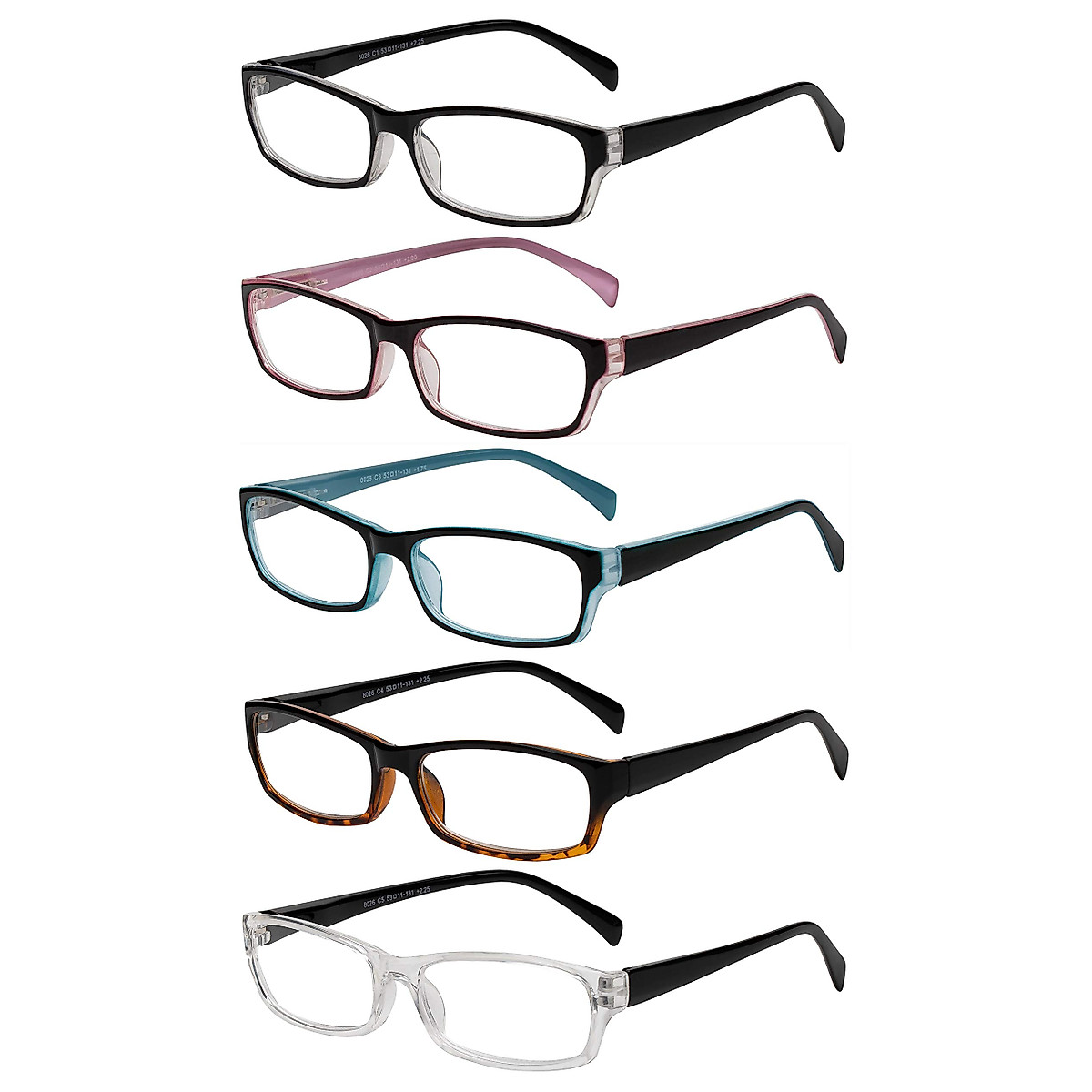 Yogo Vision Reading Glasses 5 Pairs Fashion Ladies Quality Designed Spring Hinge Readers for Women Set of Black Clear, Red Pink, Blue Light Blue, Havana Black, Transparent Black 2