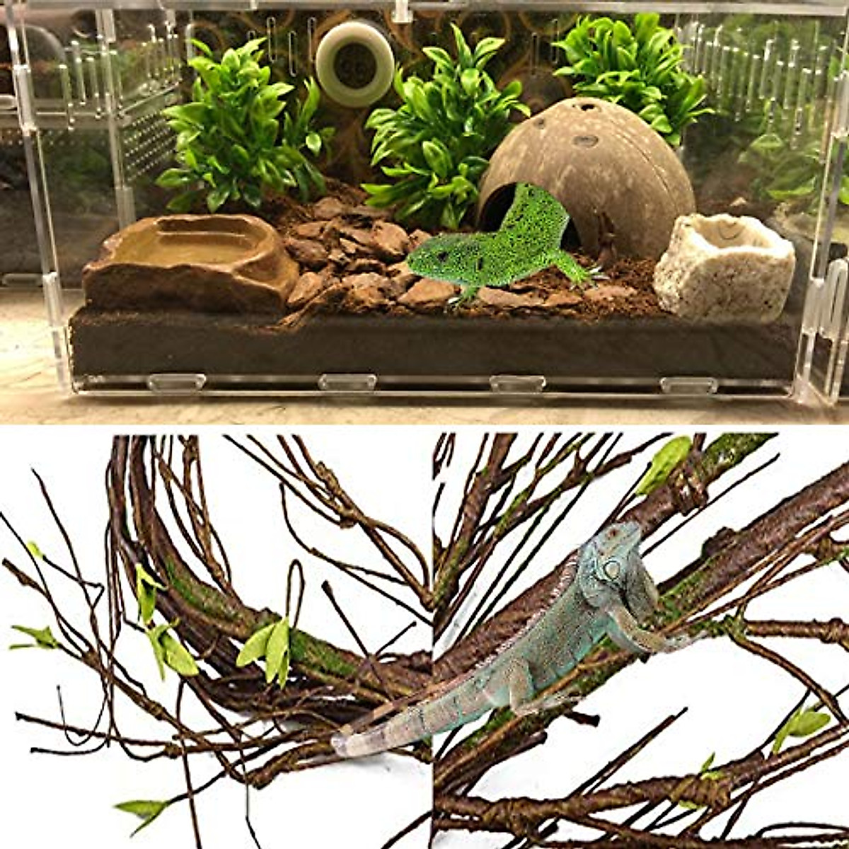 PINVNBY Bearded Dragon Tank Accessories,Lizard Habitat Hammock Reptile Natural Coconut Shell Cave Jungle Climber Bendable Vines Leaves Decor for Gecko Chameleon Snakes Lizards(5 Pcs)