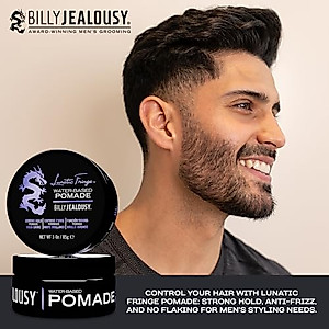 Billy Jealousy Lunatic Fringe Water-Based Pomade for Men, Strong Hold, High Shine, Water Soluble and Vegan Hair Product Ideal for Medium to Long Thick Mane, 3 oz