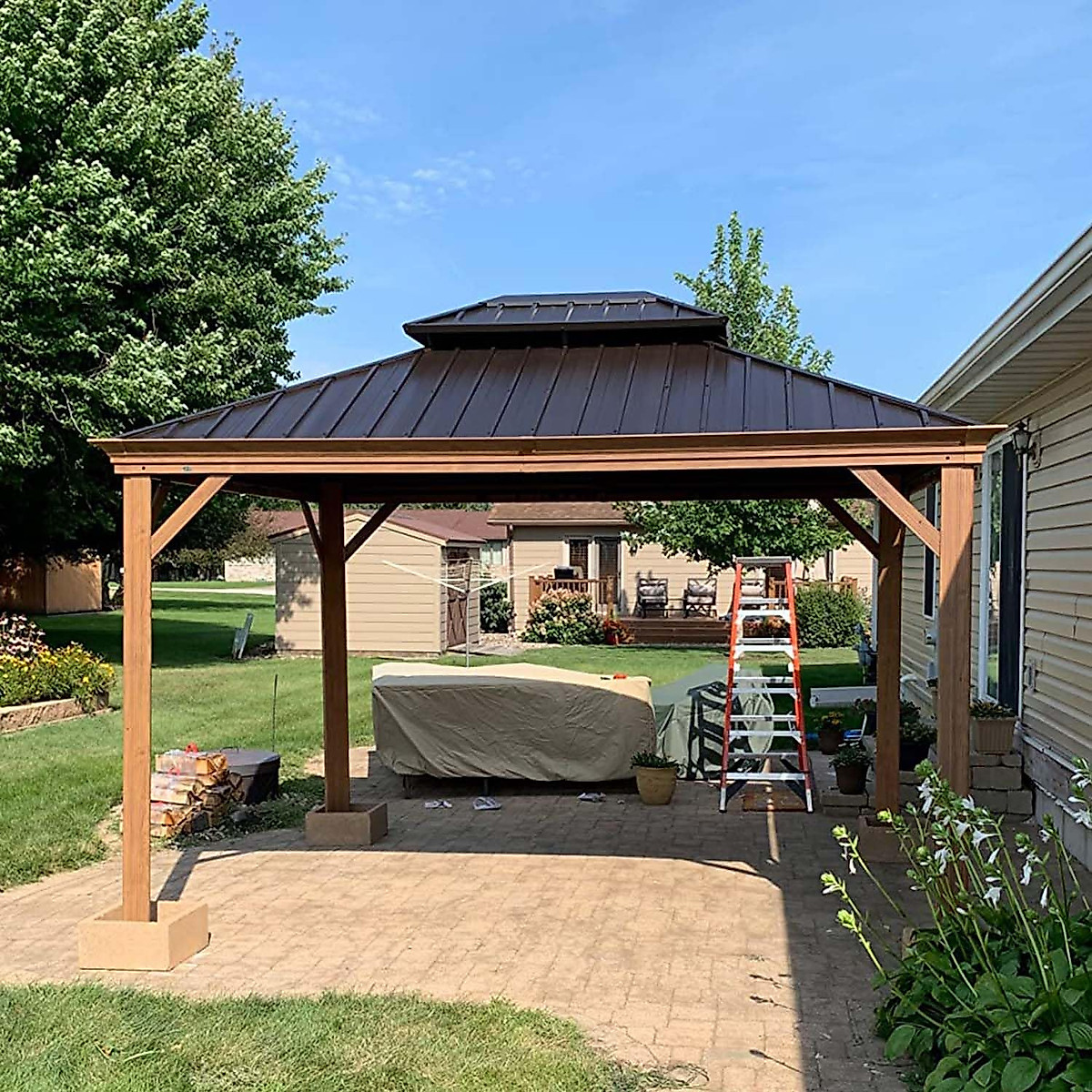 12' x 12' Hardtop Gazebo Outdoor Aluminum Gazebos Wood Grain with Galvanized Steel Double Canopy for Patios Deck Backyard,Curtains&Netting by domi outdoor living