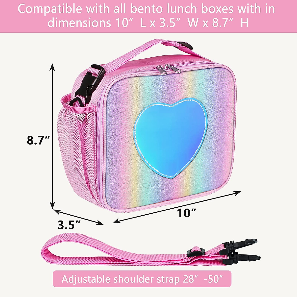 Samhe Lunch Box for Kids Girls, Insulated Rainbow Tote Bag Leakproof Thermal Cooler Reusable Lunch Bag for School Office Outdoor (Pink with Strap)