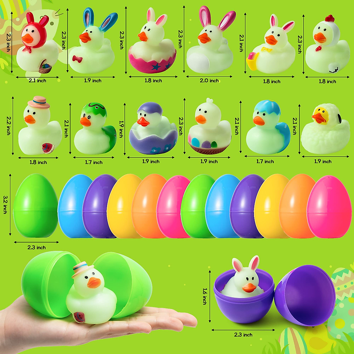 Haooryx 24PCS Easter Colorful Eggs Filled with Rubber Duckies Plastic Egg Prefilled with Glow in The Dark Bunny Duckies Bathtub Toys for Kid Easter Basket Stuffing Classroom Prize Party Favors
