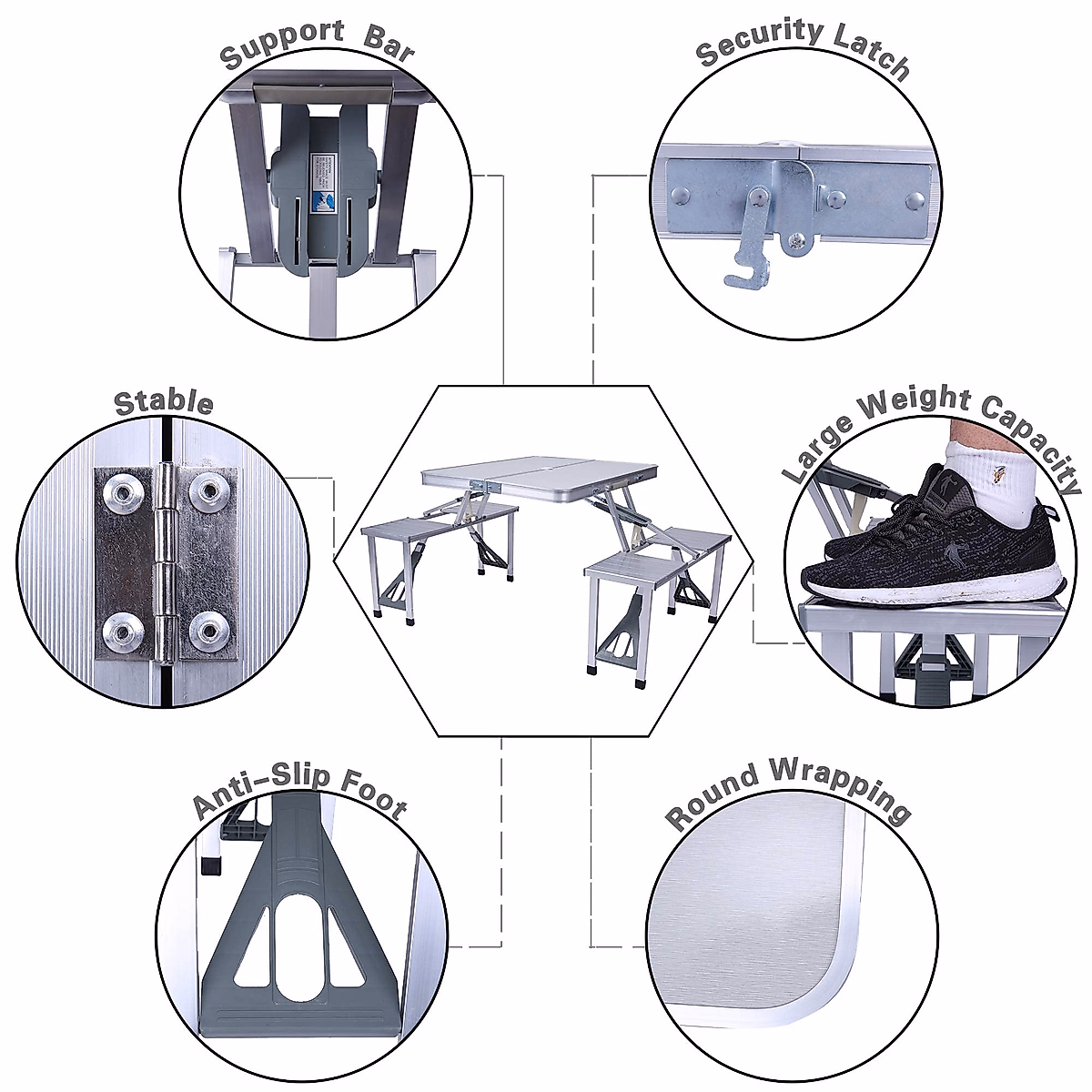 Koreyosh Folding Camping Table Chair Set, Aluminum Suitcase Portable Camping Picnic Table with 4 Seats,Umbrella Hole for Party, BBQ, Beach(Silver)
