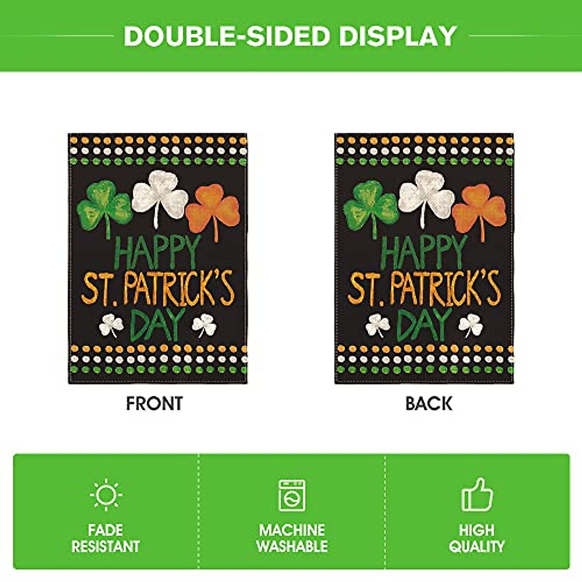 AVOIN colorlife Happy St Patricks Day Garden Flag 12x18 Inch Double Sided, Shamrock Lucky Clover Holiday Yard Outdoor Flag