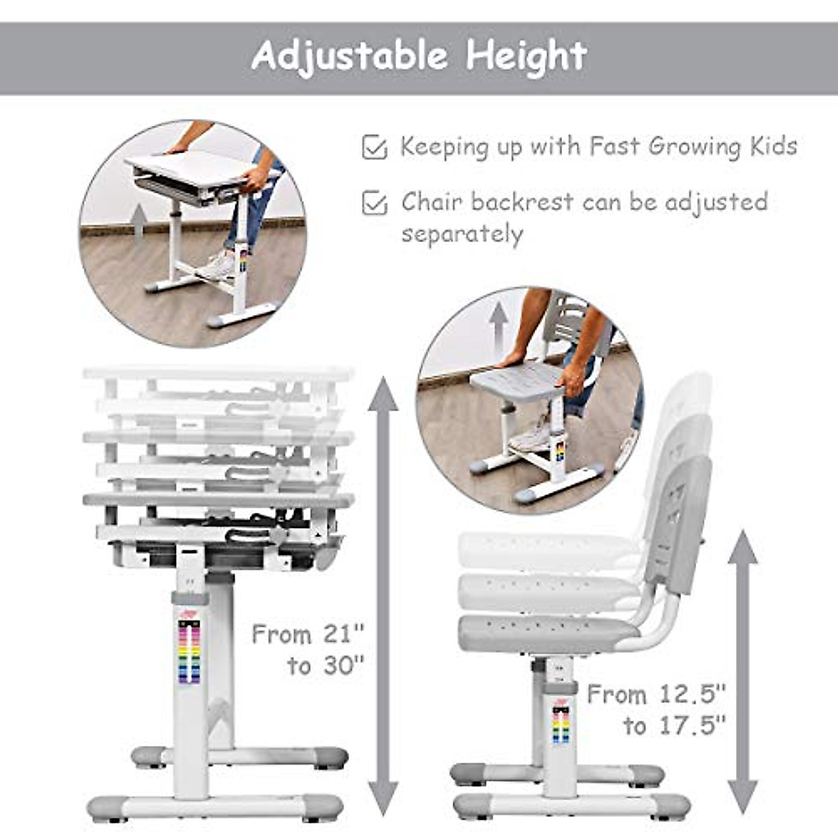 HONEY JOY Kids Desk and Chair Set, Height Adjustable Study Table and Chair, Tilting Desktop with Book Stand and Drawer Storage, Metal Hook for Schoolbag, Ergonomic Design for Boys and Girls