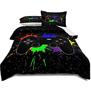 Gaming Bedding Set Twin Size Gamer Comforter Set for Boys Girls Kids Teens Soft Microfiber Colorful Modern Buttons Video Game Bedding Decorative Controller Pattern Design with Pillow Sham…