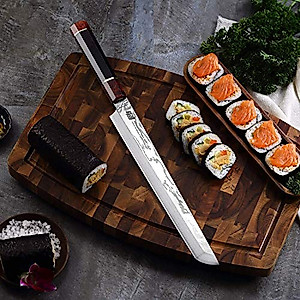 FINDKING Prestige Series Sakimaru Knife with Walnut Cover, Japanese SKD11 Damascus Steel Blade, Ebony Wood Octagonal Handle, Professional Sashimi Sushi Fish Knife (10.5 Inches, with Wooden Gift Box)