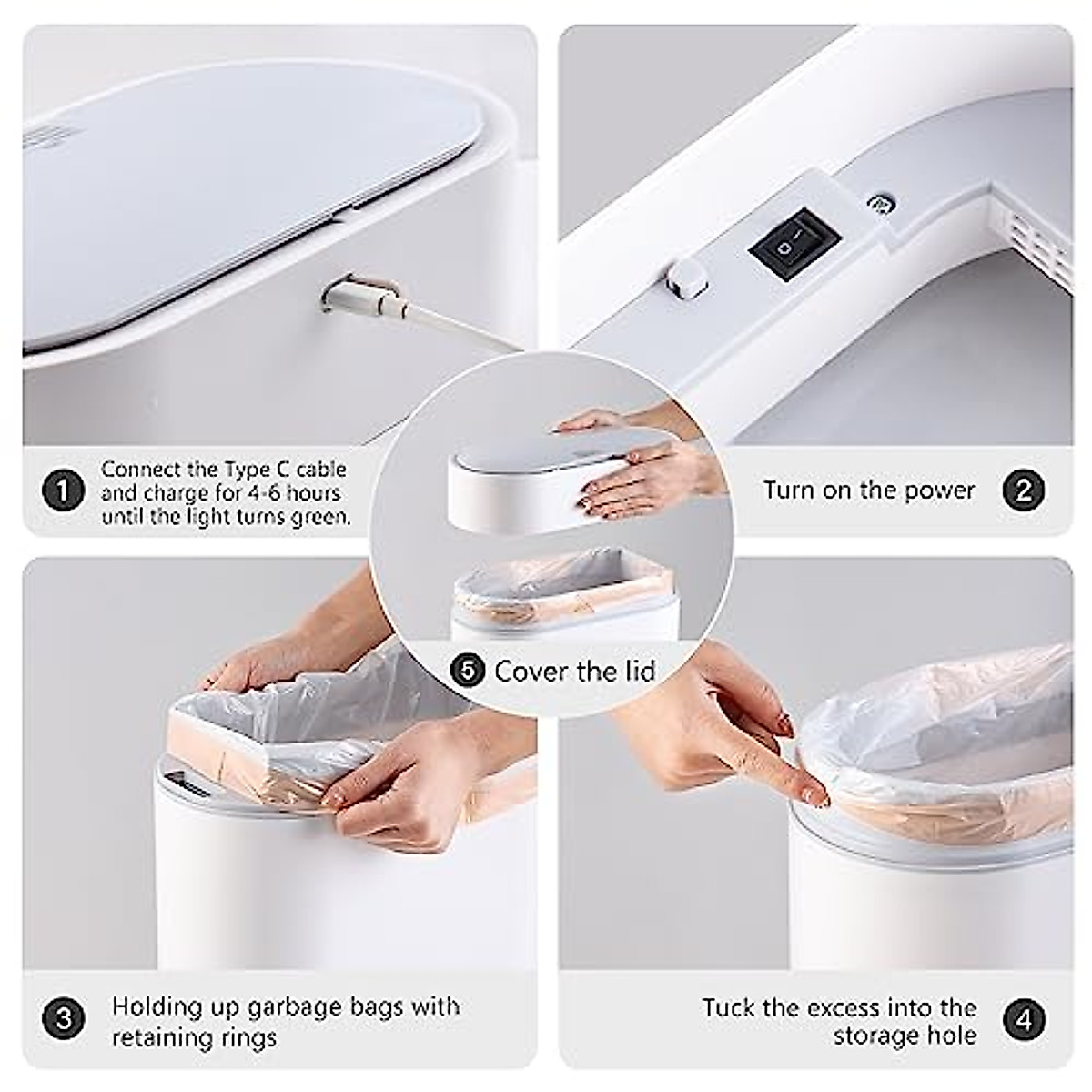 ELPHECO Bathroom Trash Can with Lids, 2.5 Gallon Automatic Trash Can, Motion Sensor Kitchen Trash Can, 9.5 Liter Small Plastic Trash Can Bathroom, Slim Smart Trash Can, Rechargeable,Bag suction, White