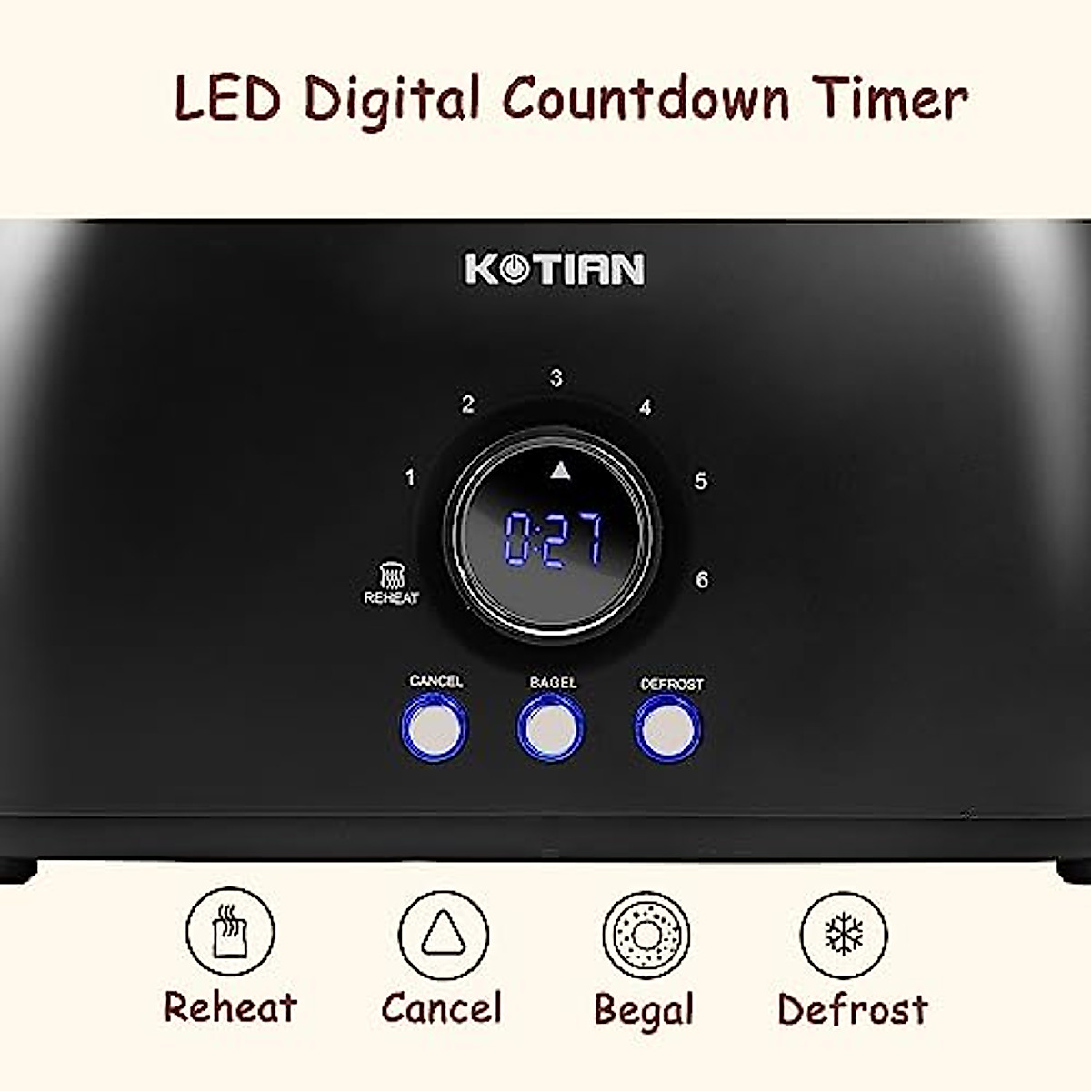 Toaster 4 Slice,KOTIAN Retro Long Slot Toasters with Countdown Timer,Stainless Steel Toaster,Bagel,Defrost,Reheat,Cancel Functions,Extra Wide Slots,6 Toast Settings,Removable Crumbs Tray,Matte black