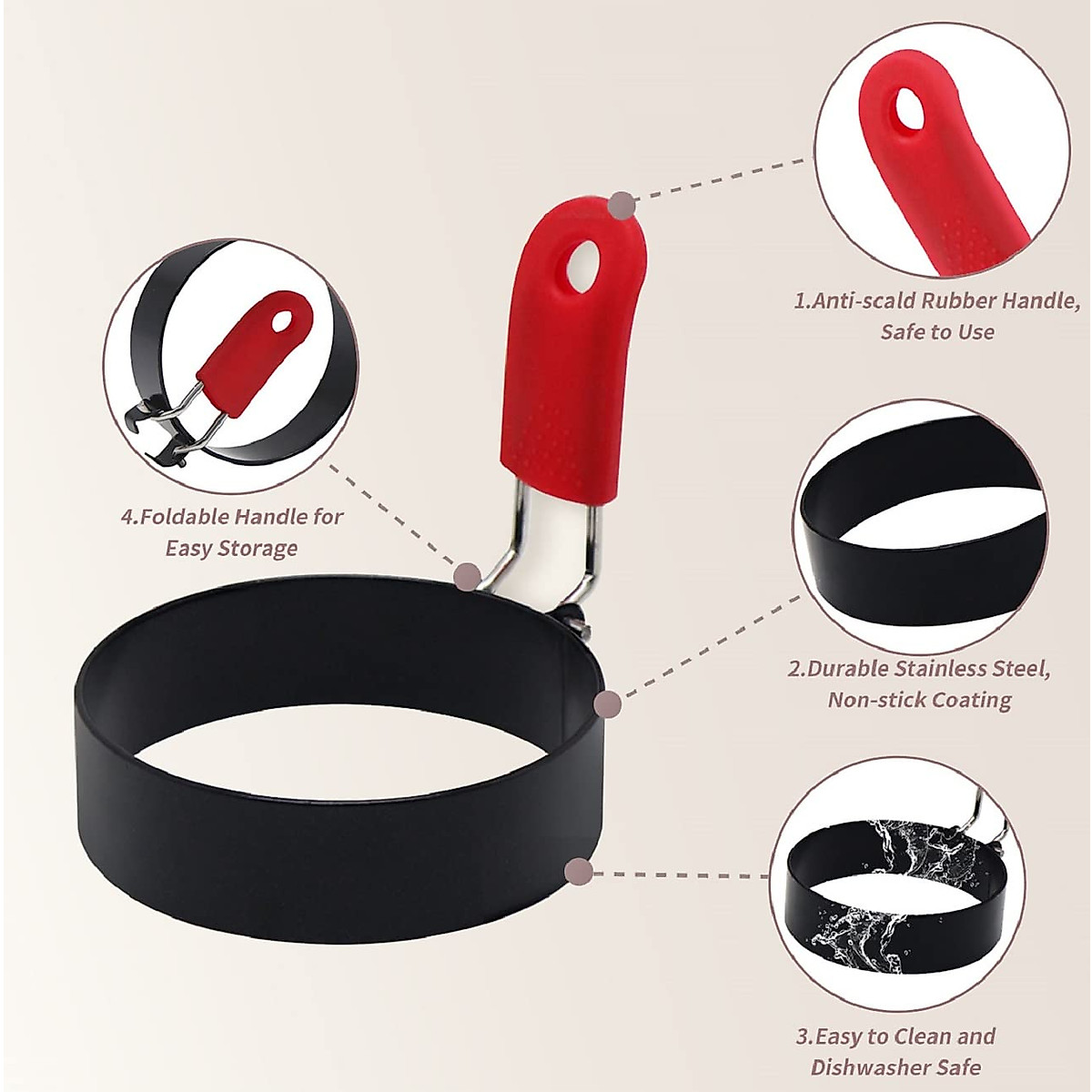 JANNO 6PCS Pancake Mold, Egg Ring, Nonstick Black Coated Metal Cooking Rings with Silicone Anti-scald Handle for Griddle, DIY Sandwich Eggs, English Muffin, Pancakes, Burger, Breakfast