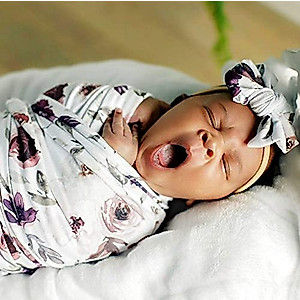 Baby Swaddle Blanket Newborn Girl Swaddle and Headband Set Purple Flowers Floral Print Wrap Shower Gift