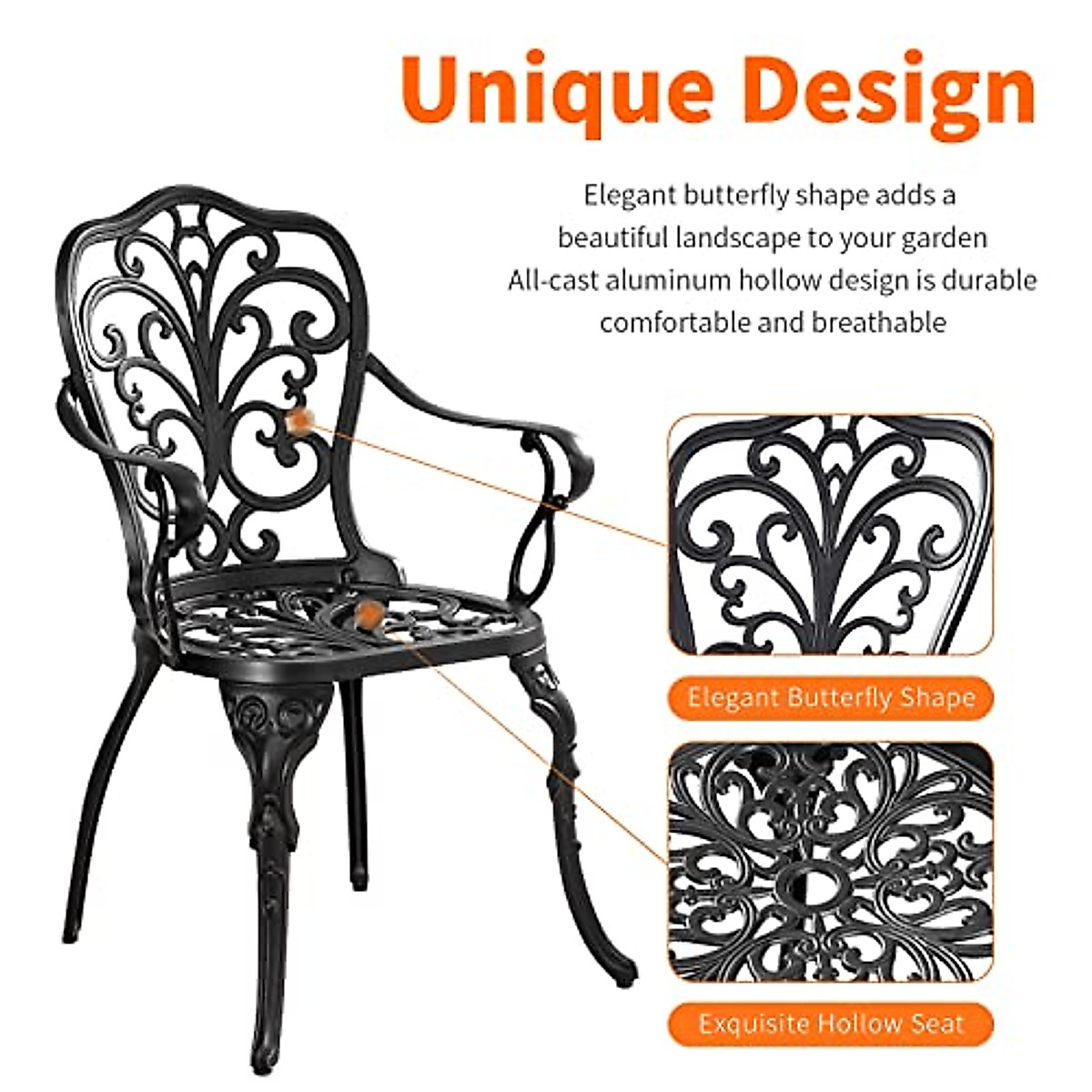 Withniture Bistro Set 3 Piece Outdoor, Round Bistro Table and Chairs Set of 2, Cast Aluminum Patio Bistro Sets with Umbrella Hole Outdoor Furniture for Garden, Porch, Black