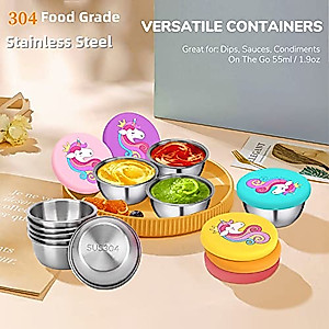 MAIGOZON Salad Dressing Containers To Go, Small Condiment Containers with Lids, Stainless Steel Condiment Cup with Unicorn Leakproof Silicone Lids for Girls Kids Lunch Bento Box, 6PCS
