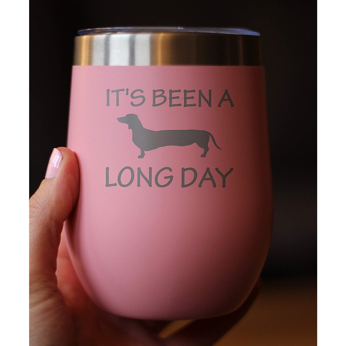 Been a Long Day - Dachshund Wine Tumbler with Sliding Lid - Stemless Stainless Steel Insulated Cup - Cute Funny Mug for Coworkers or Boss - Pink