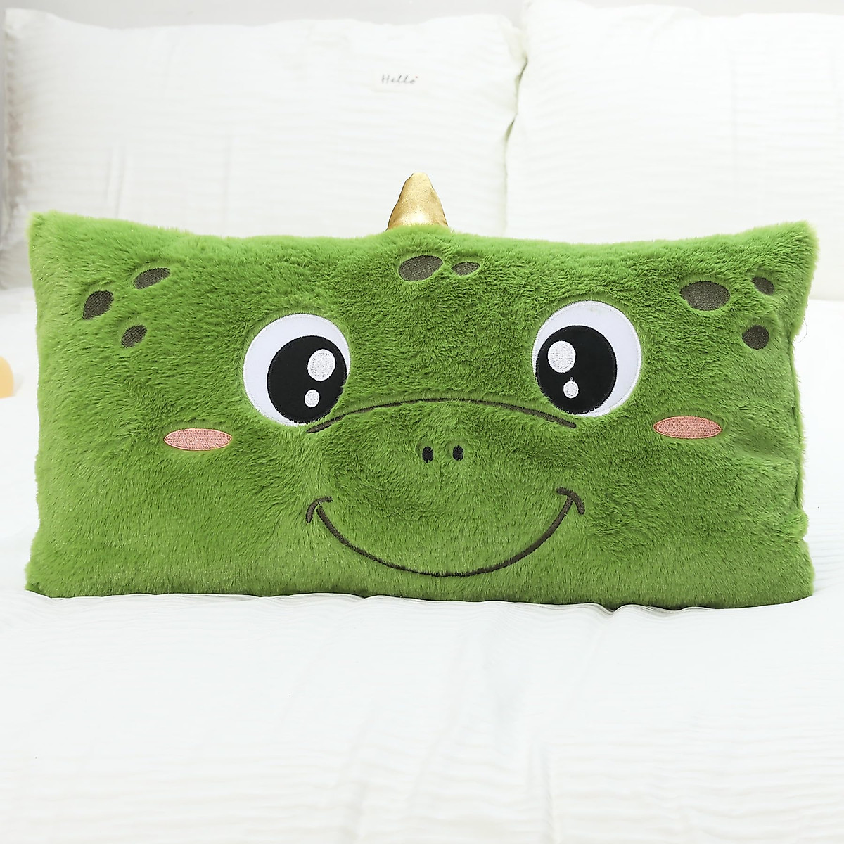 Stuffed Animal Lumbar Pillow, Super Soft Plush Cuddle Throw Pillow for Kids, Cute Dinosaur Shaped Pillow, 12 x 24 Inches, Green