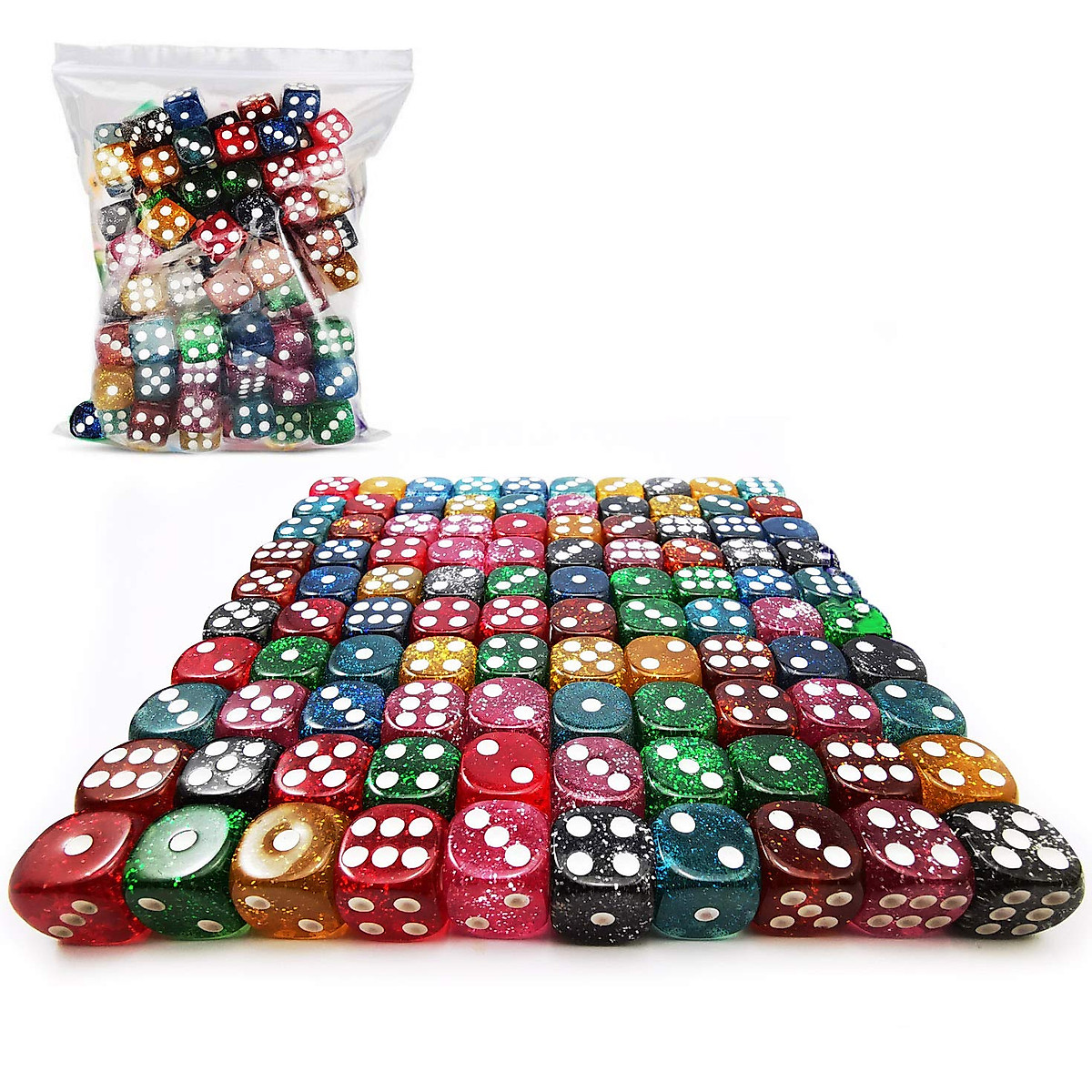 Bescon A Lot of Glitter 16MM D6 Set 100pcs, Assorted Colored Glitter Dice Set 100pcs