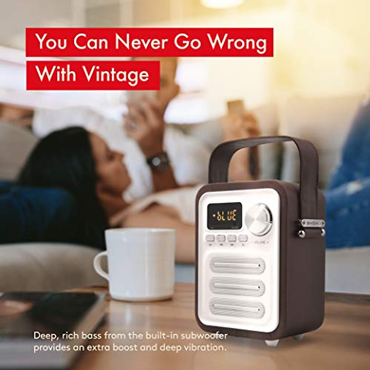 KNZ Retro2 Bluetooth 5.0 Vintage Style Speaker with FM Radio, 10W Speaker, Subwoofer, microSD and USB Streaming, Remote Control, Compatible with True Wireless Stereo