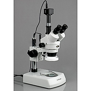 AmScope SM-2T-LED Professional Trinocular Stereo Zoom Microscope, WH10x Eyepieces, 7X-45X Magnification, 0.7X-4.5X Zoom Objective, Upper and Lower LED Lighting, Pillar Stand, 110V-120V