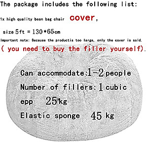 WXFXBKJ Bean Bag Chair Cover(it was only a Cover,not a Full Bean Bag) Chair Cushion Giant Fur Bean Bag Cover Living Room Furniture Big Round Soft Fluffy Faux Fur BeanBag Sofa Bed (5FT Sky Blue)