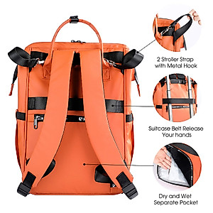 Baby Diaper Bag Backpack, Multi-Function Waterproof Travel Back pack Nappy Bags for Women Baby include Insulated Pocket, Changing Pad, Stroller Straps and Elastic Luggage Strap for Travel Orange