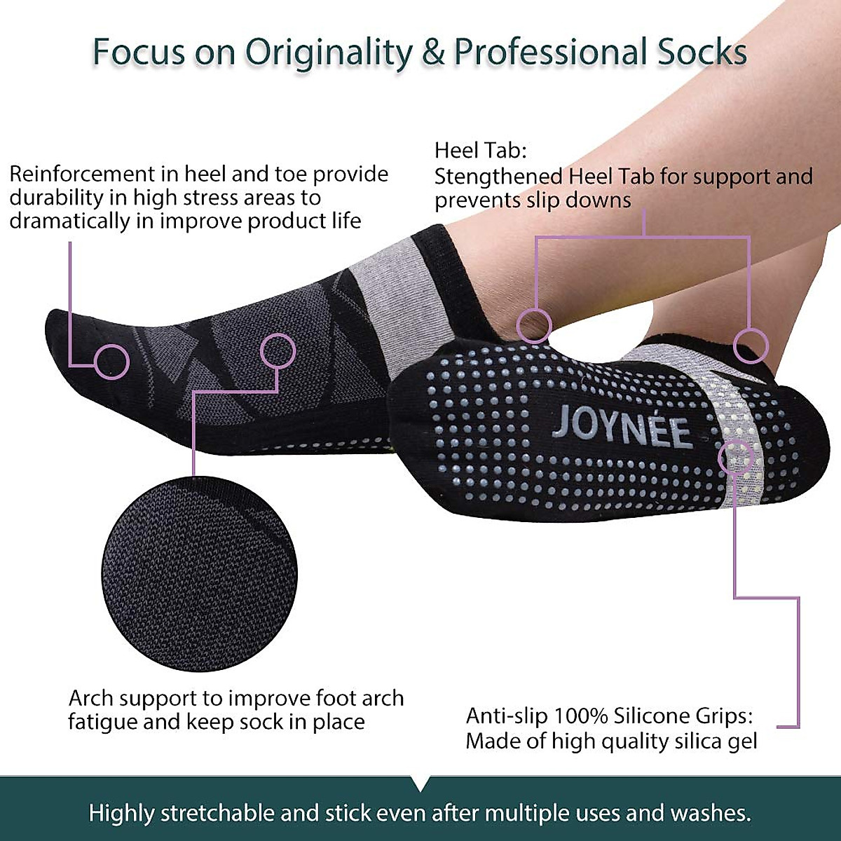 JOYNÉE Non-Slip Yoga Socks for Women with Grips,Ideal for Pilates,Barre,Dance,Hospital,Fitness 3 Pairs