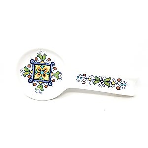 Nova Deruta Spoon Rest, Yellow Flower, Green Yellow Tulip Floral, Spirals, Made in Italy, Italian Exclusively Handcrafted Earthenware for Sur La Table, Deruta Region Artwork, 11.5" x 5"