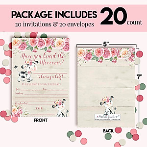 Watercolor Pink Floral Cow-Themed Baby Sprinkle Shower Invitations, 20 5x7 Fill In Cards with Twenty White Envelopes by AmandaCreation