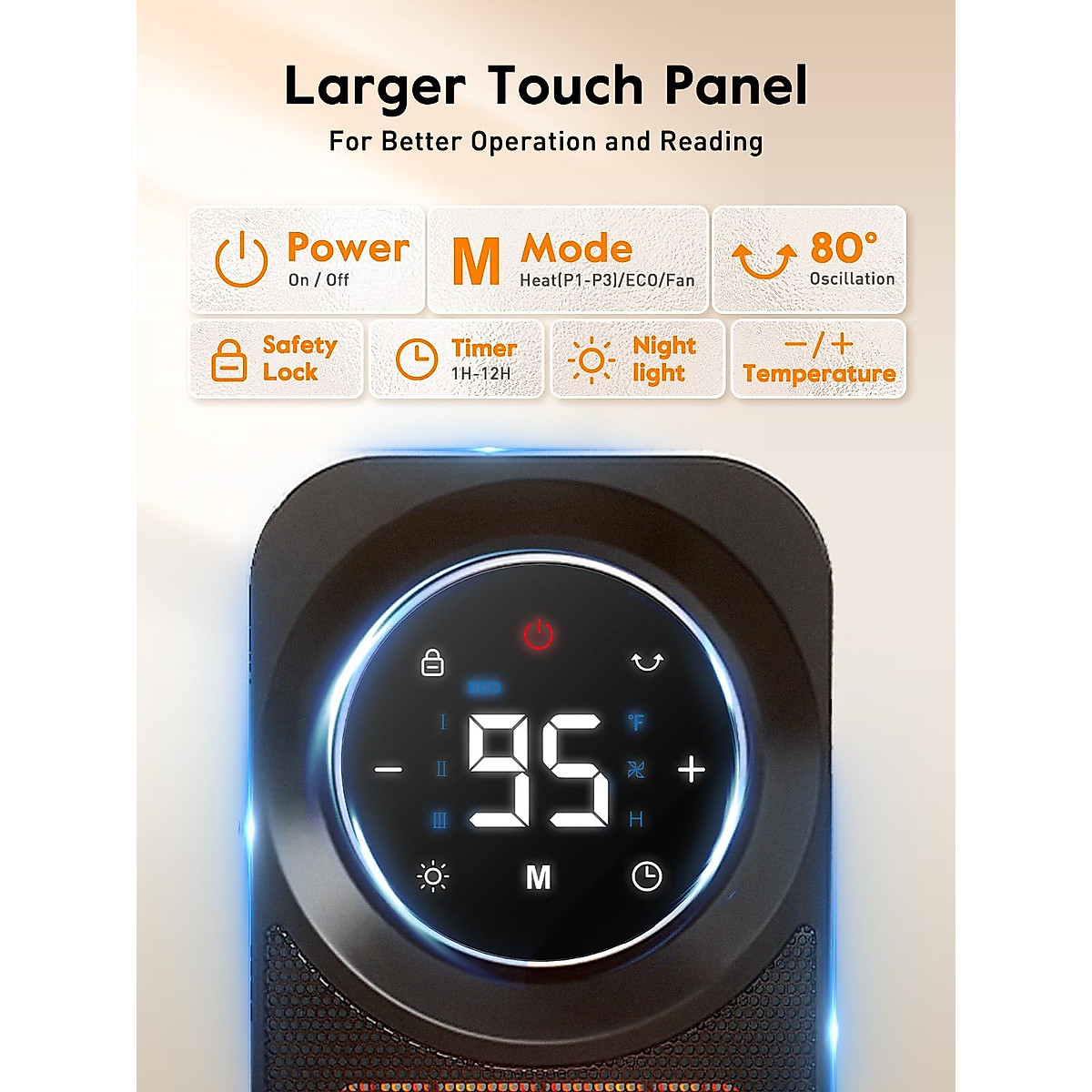 Givebest Touch Panel Space Heaters for Indoor Use, 1500W Fast Heating Electric Heater with Remote, 5 Modes, Quiet and Night Light, Thermostat Control, Ideal for Bedroom, Office