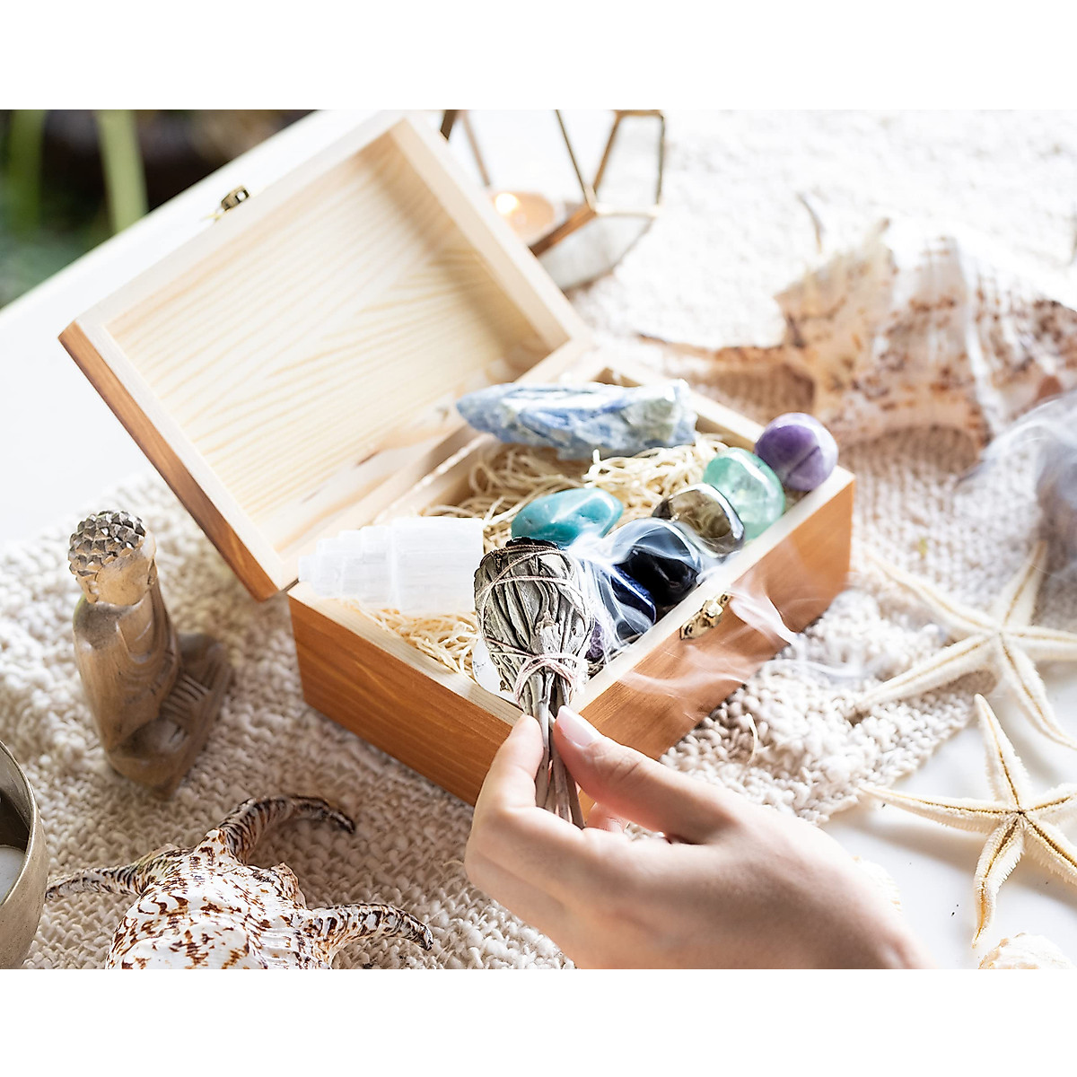 CRYSTALYA Calming Large Sleep Crystals and Healing Stones in Wooden Gift Box + 50pg EBOOK, Stress and Anxiety Relief - Amethyst, Lepidolite, Fluorite, Smoky Quartz, Selenite, Sage, and Info Guide