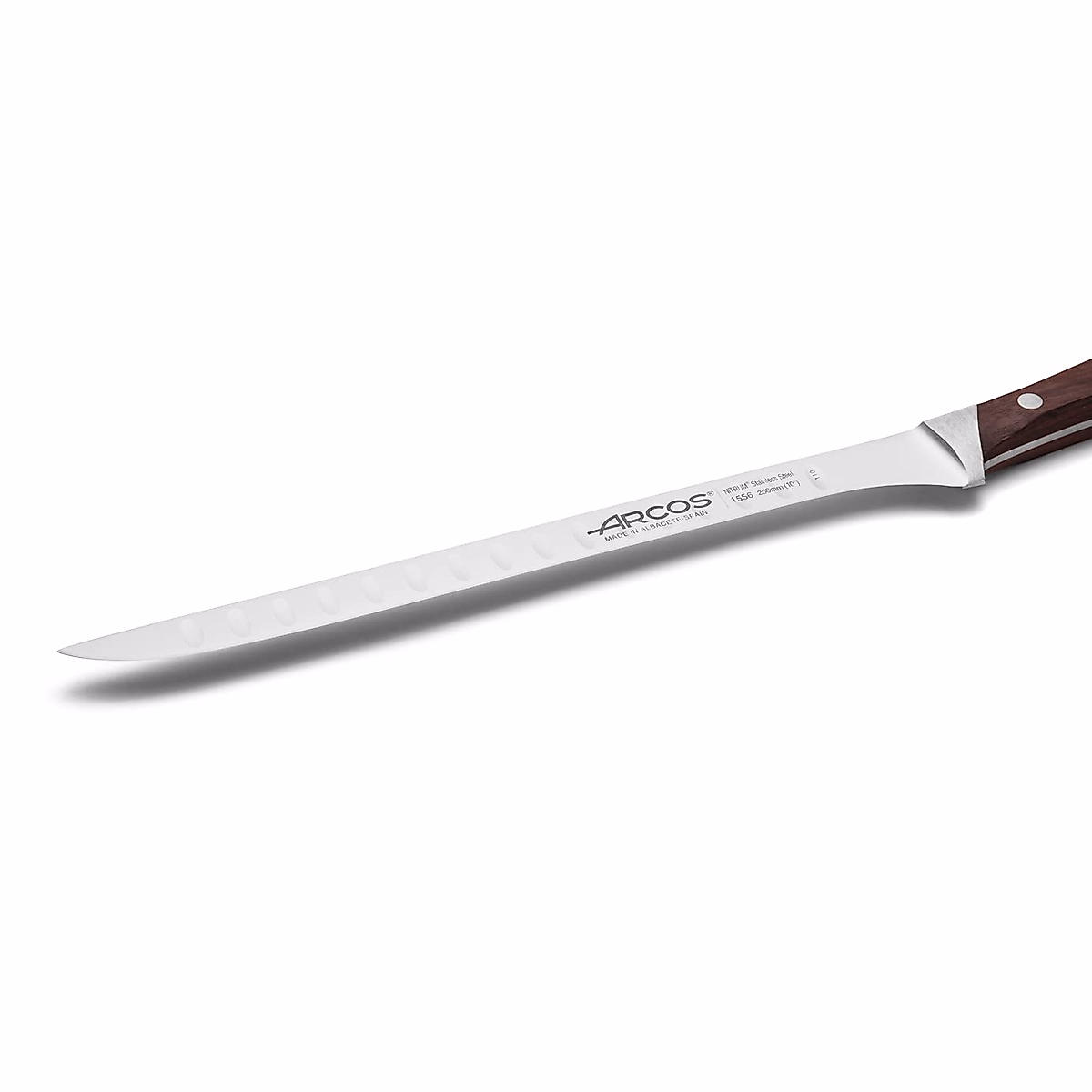 Arcos Forged Slicing Ham Knife 10 inch with 250mm blade. Nitrum Stainless Steel Blade. Professional Kitchen Knife. Rosewood Brown Handle. Rust & Corrosion Resistant. Smooth edge. Natura Series.