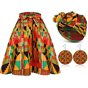 Coume 3 Pcs Women African Dashiki Skirt Traditional Costume African Bohemian Head Wrap Scarf Drop Dangle Earring (XX-Large)